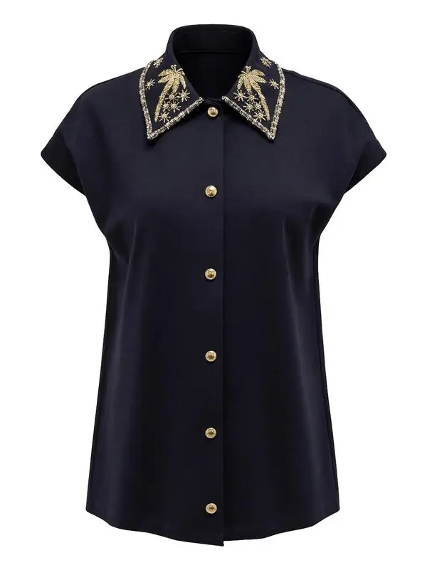 EXQUISE Sleeveless Knit Top With Shirt Collar And Embroidery - Black