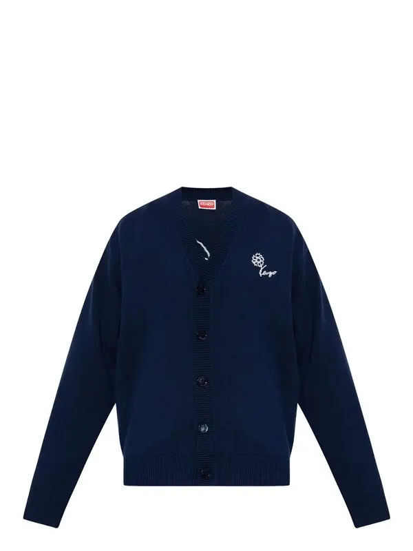 Kenzo Logo And Floral Motif Cardigan - Navy Blue