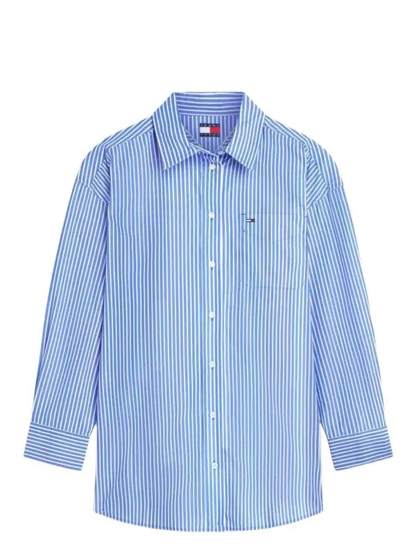 Tommy Hilfiger Vertical Stripe Logo Patch Oversized Shirt - Blue