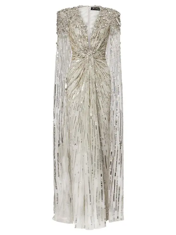 Jenny Packham Embellished Gown With Cape Effect - Silver