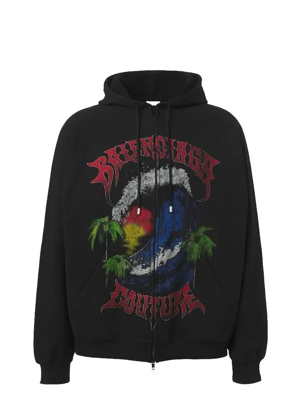 Balenciaga Logo Cotton Jersey Zip-up Hoodie - Black