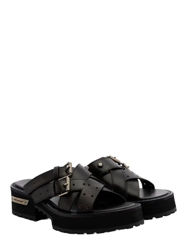 Balenciaga Silver Leather Platform Mules - Brown
