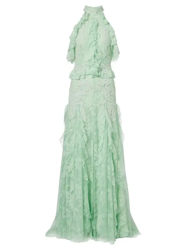 Costarellos Embellished Halterneck Lace Gown - Green