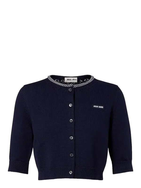 Miu Miu Cropped Cotton Cardigan With Logo - Blue