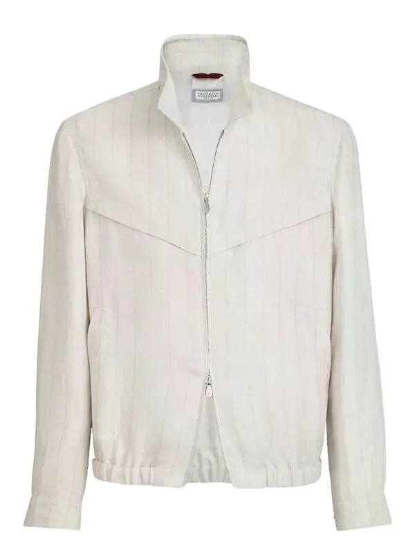 Brunello Cucinelli Linen Chalk Stripe Chevron Outerwear Jacket - Neutrals