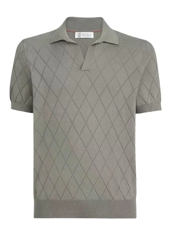 Brunello Cucinelli Cotton Textured Argyle Lightweight Knit Polo Shirt - Green