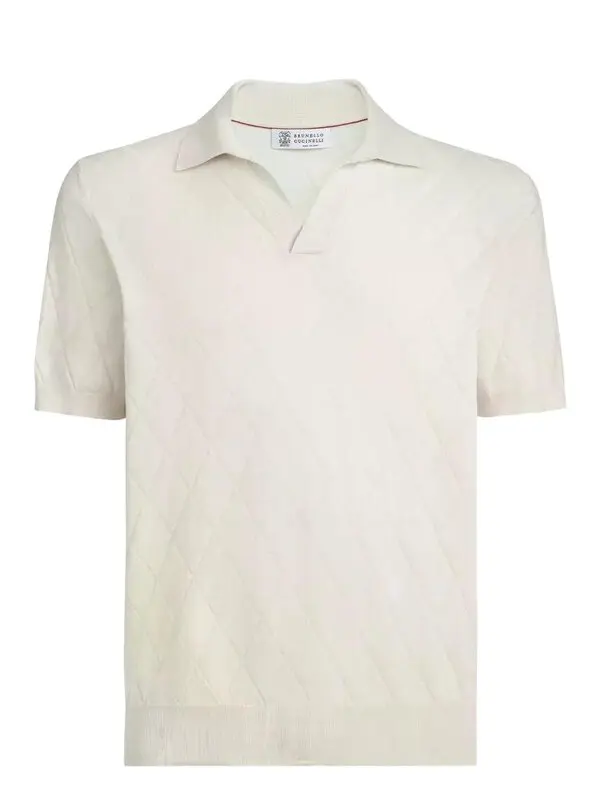 Brunello Cucinelli Cotton Textured Argyle Lightweight Knit Polo Shirt - Neutrals