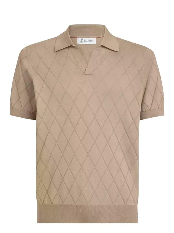 Brunello Cucinelli Cotton Textured Argyle Lightweight Knit Polo Shirt - Neutrals