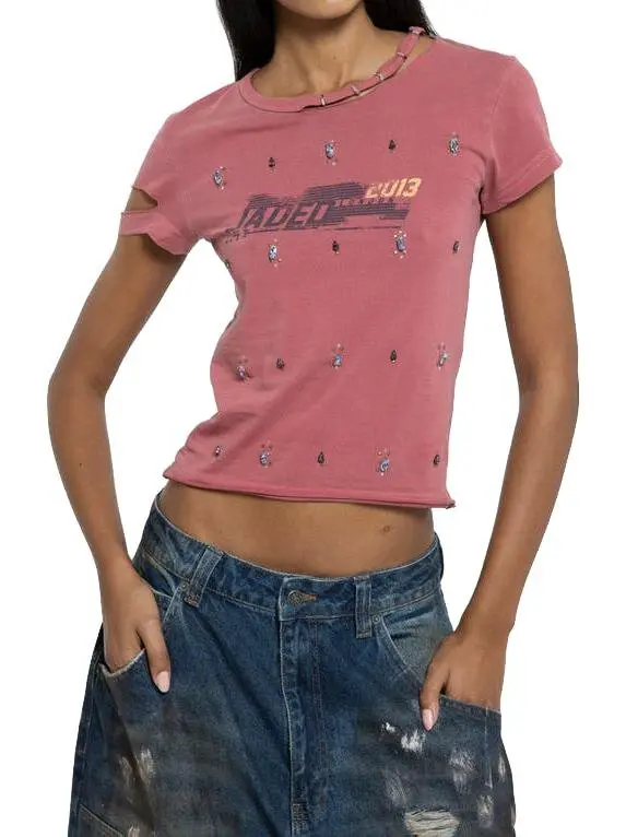 JADED LONDON Distressed Jewel Crop T-shirt - Red