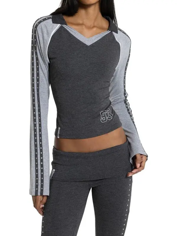 JADED LONDON Long Sleeve Cropped Baby Tee With Stud Embellishments - Grey