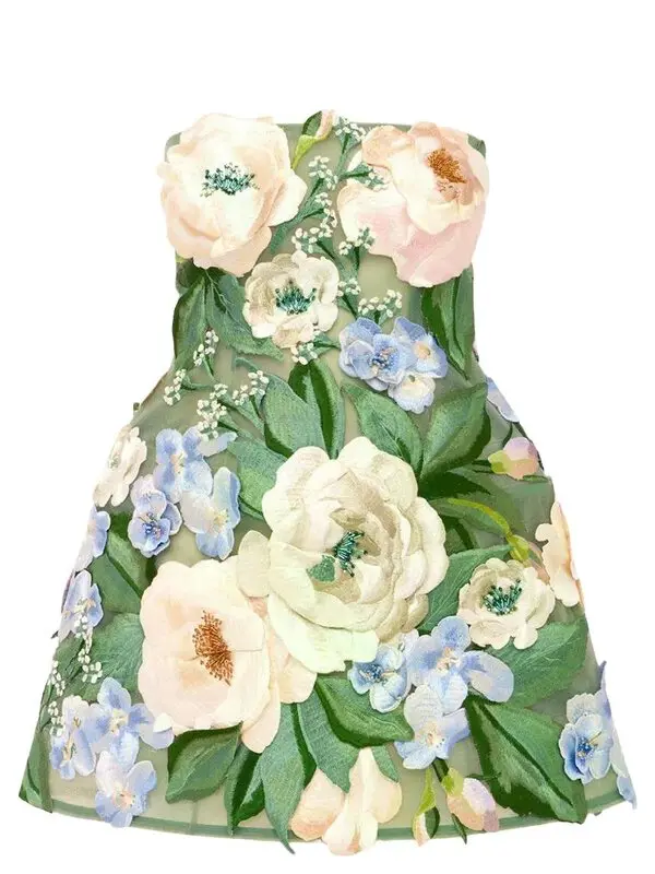 LEO LIN Roselle Floral-embroidered Strapless A-line Dress - Green