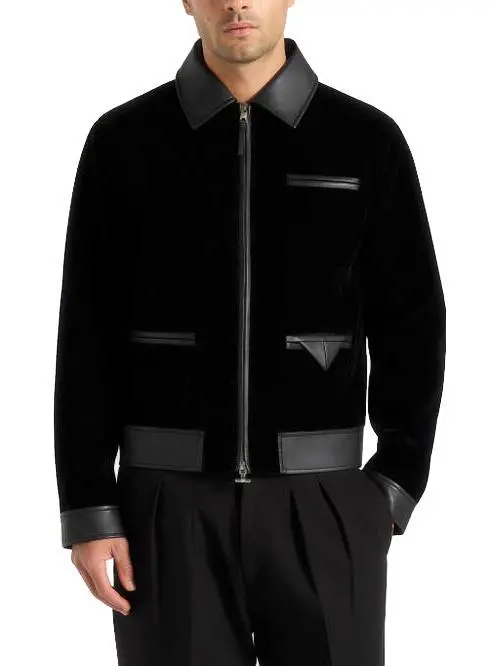 Manière De Voir Tony Velvet & Leather Contrast Bomber Jacket - Black