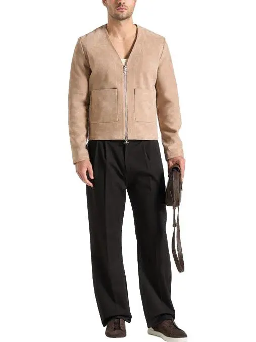 Manière De Voir Suede Zip Jacket With Contrast Stitching - Beige