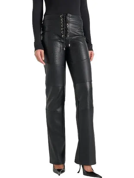 Manière De Voir Croc Embossed Lace-up Trousers - Black