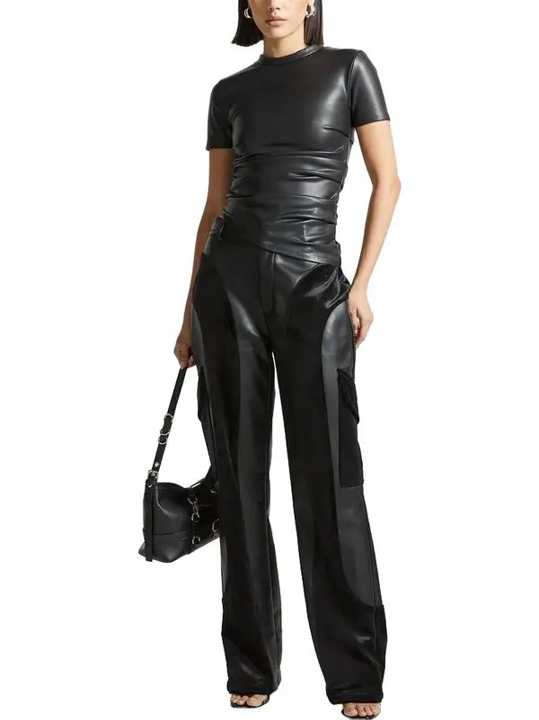 Manière De Voir Leather Ruched T-shirt - Black