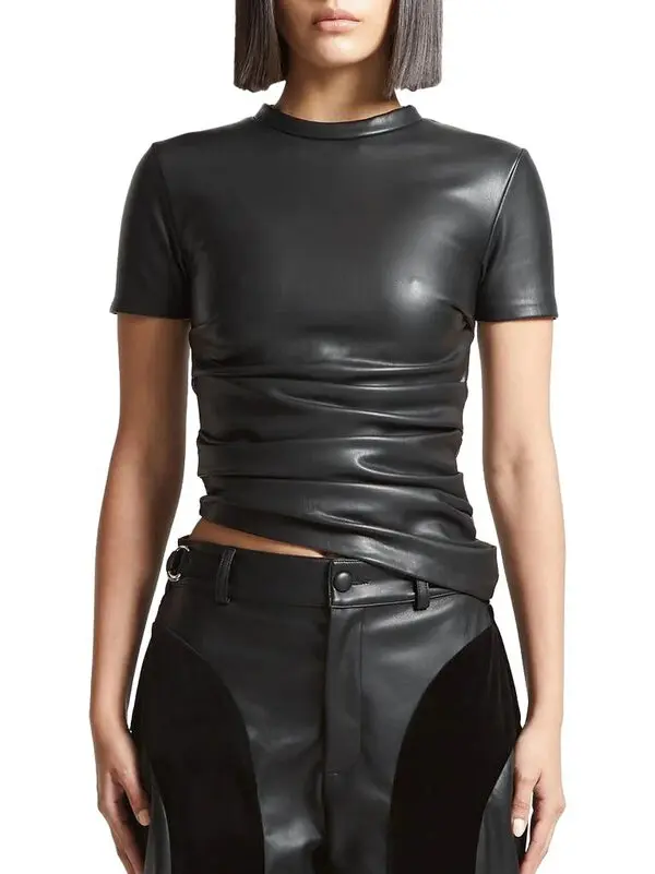Manière De Voir Leather Ruched T-shirt - Black