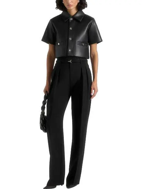 Manière De Voir Cropped Vegan Leather Shirt With Feature Buttons - Black