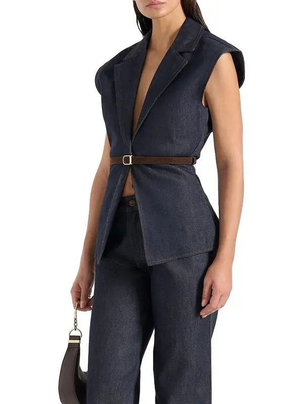 Manière De Voir Denim Cinched Waist Waistcoat - Indigo
