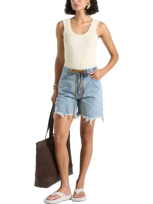 Manière De Voir Distressed Wide-leg Denim Shorts - Mid Blue