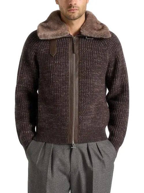 Manière De Voir Ariel Speckled Knit Jacket With Plush Collar - Brown