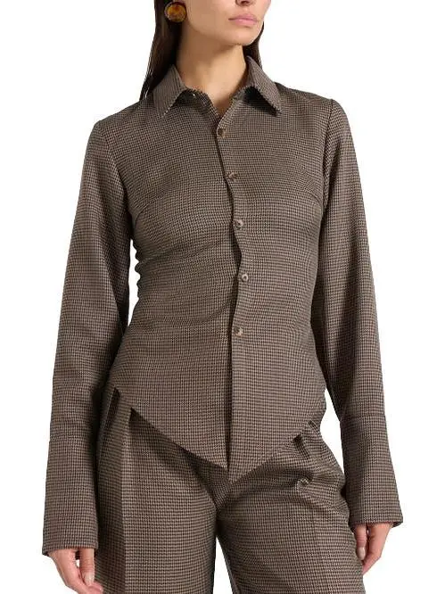 Manière De Voir Houndstooth Cinch Shirt With Pointed Collar And Angular Hem - Brown