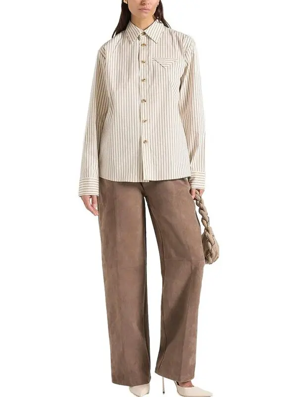 Manière De Voir Pinstripe Long Sleeve Shirt With Marble Buttons - Beige