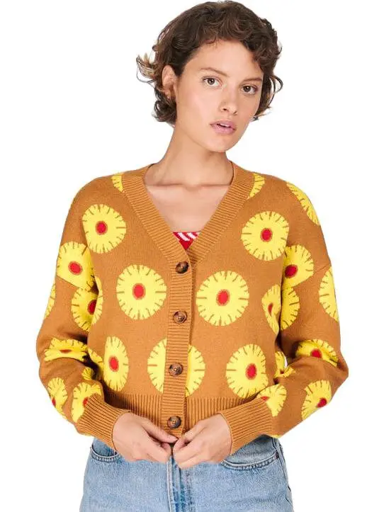 RACHEL ANTONOFF Ana Cardigan Printed V-neck Cropped Sweater - Pineapple Cake