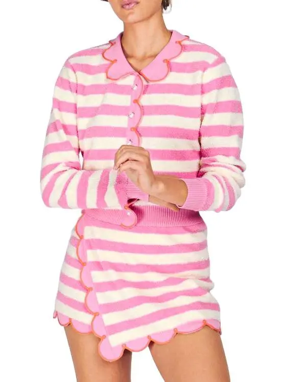 RACHEL ANTONOFF Pink And White Striped Cropped Cardigan - Pink Towel Stripe