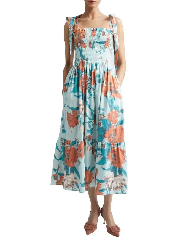 Erdem Floral Tiered Cotton Midi Sundress - Trailing Poppy Dream Blue
