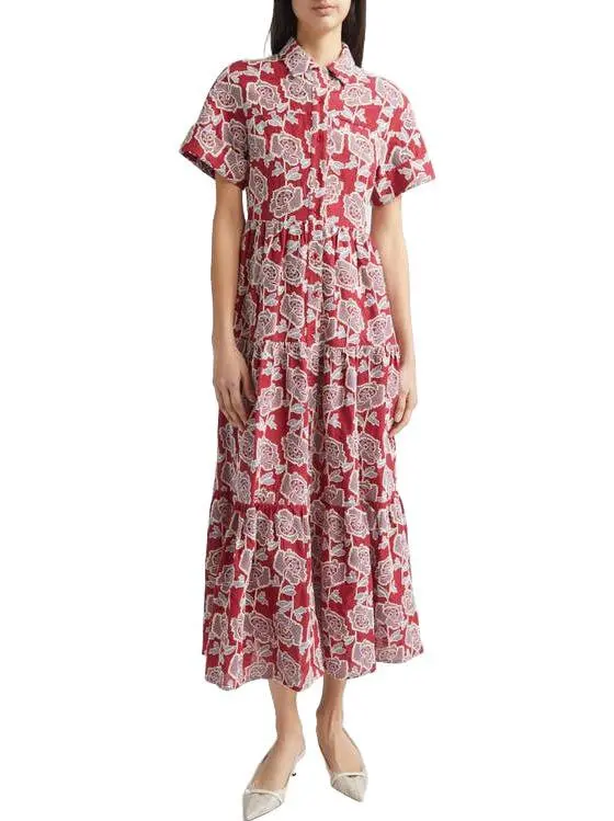 Erdem Floral Embroidered Tiered Midi Shirtdress - Cherry