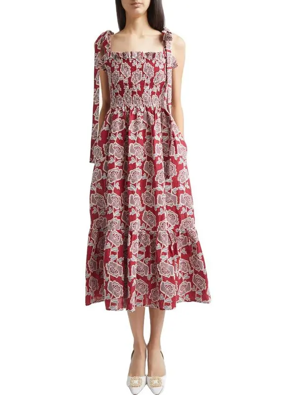 Erdem Floral Embroidered Tiered Cotton Blend Midi Sundress - Cherry