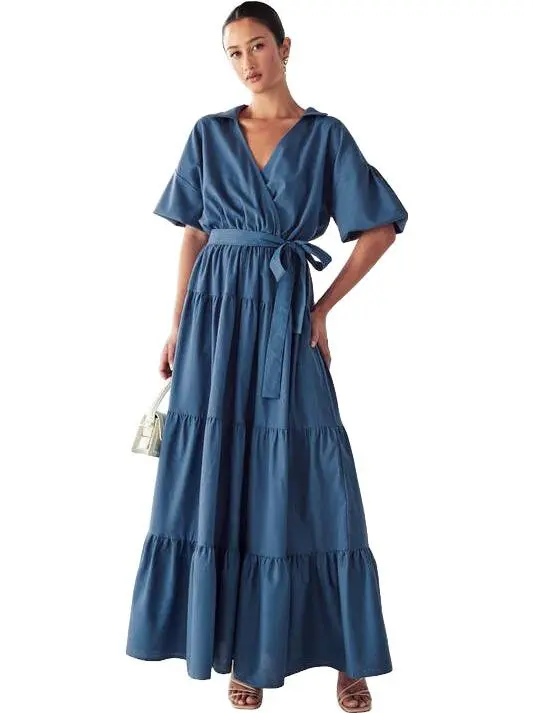 WILLA Sole Maxi Dress With Puff Sleeves And Tiered Skirt - Petrol Blue