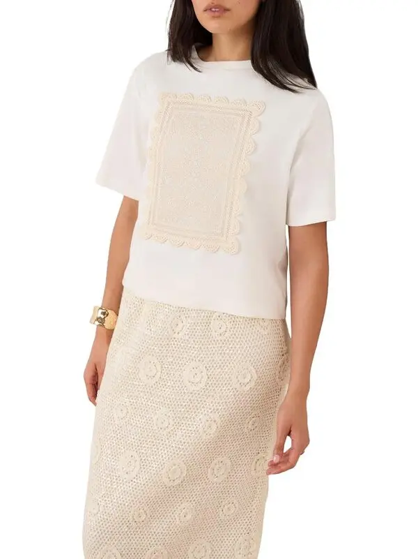 Mint Velvet Crochet Panel T-shirt - Ivory