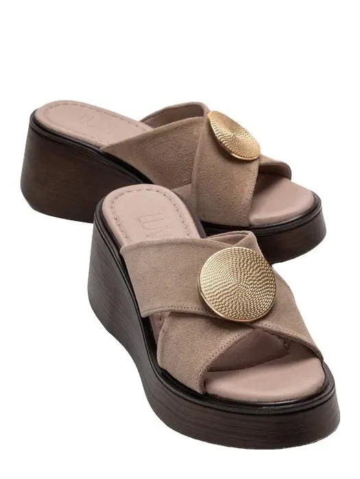 FOREVER & ALWAYS SHOES Leather Cross Strap Platform Sandal - Beige Suede