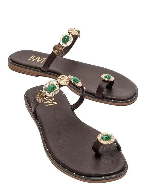 FOREVER & ALWAYS SHOES Martinez Leather Thong Sandal With Metal And Stone Detailing - Brown