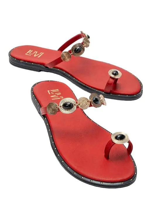FOREVER & ALWAYS SHOES Martinez Leather Thong Sandal With Metal And Stone Detailing - Red