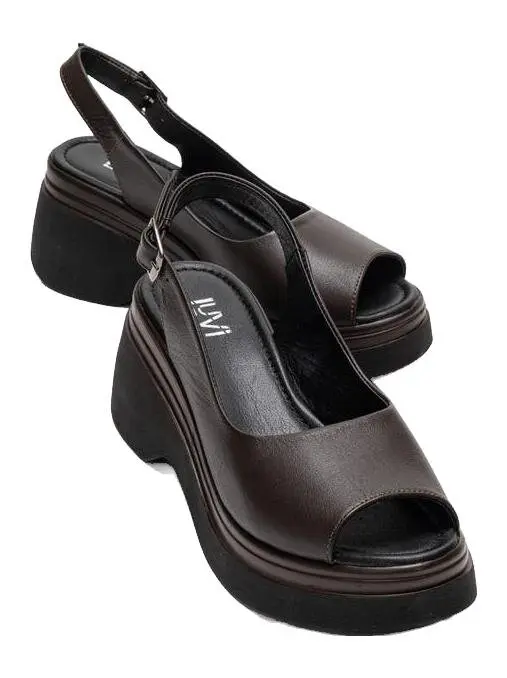 FOREVER & ALWAYS SHOES Laure Leather Wedge Sandal - Brown