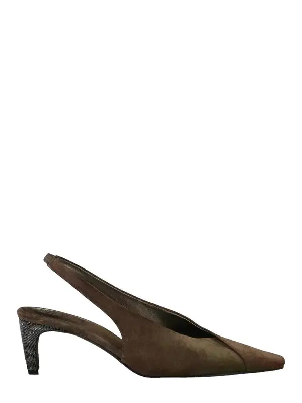 Brunello Cucinelli Suede Monili Embellished Heel Slingback Pumps - Brown