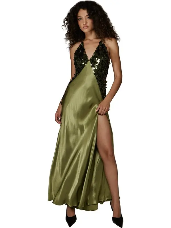 Bardot Yve Sequin Satin Halter Maxi Dress - Khaki