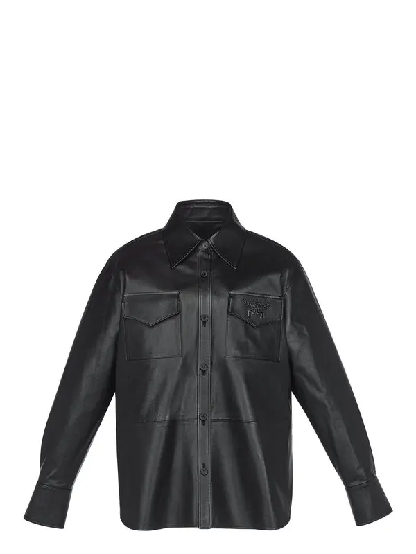 Mcm Lambskin Leather Shirt With Embossed Laurel Logo - Black