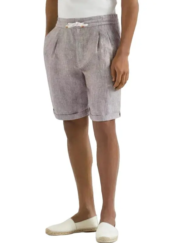 Brunello Cucinelli Linen And Hemp Diagonal Bermuda Shorts With Drawstring And Double Pleats - Grey