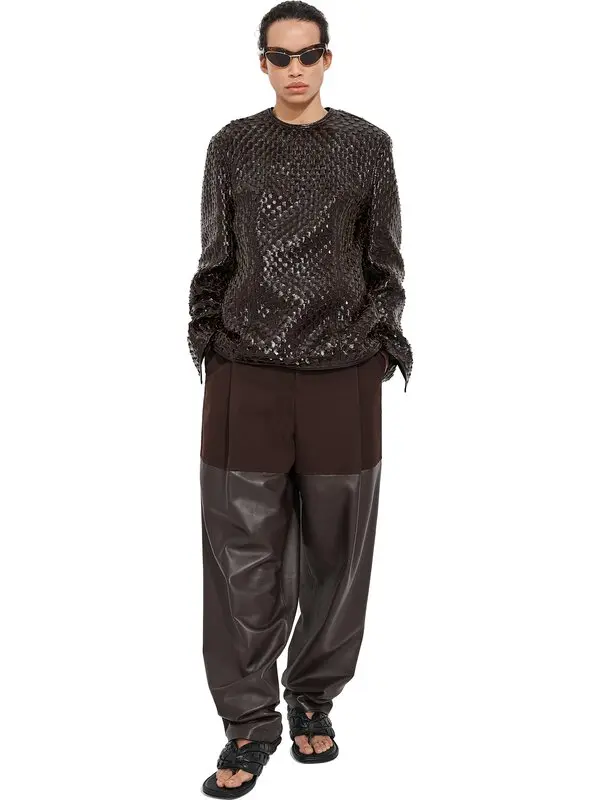 Bottega Veneta Cotton And Leather Pants - Dark Carrubo
