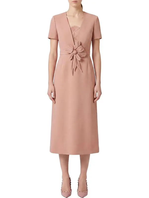 Valentino Garavani Midi Sheath Dress In Wool And Silk With Flower Appliqu - Pink