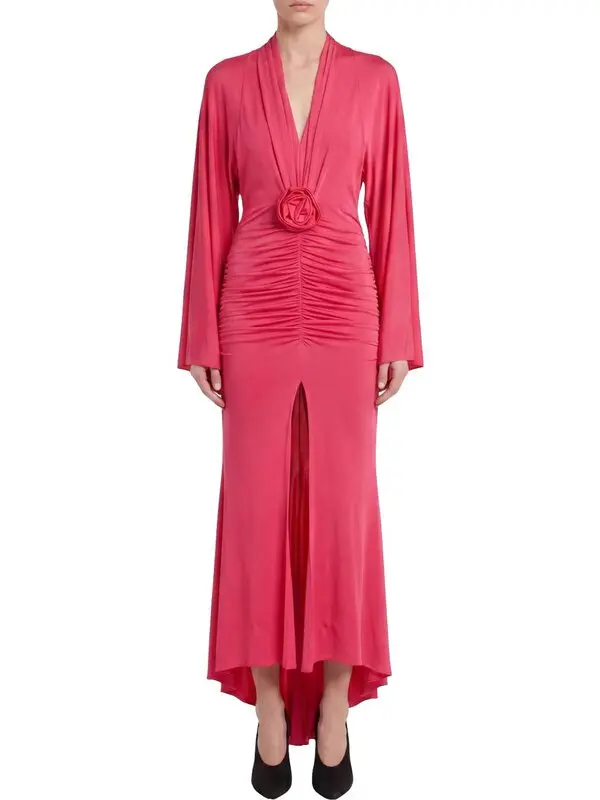 Blumarine Gathered V-neck Maxi Dress With Embellished Rose Detail - Red