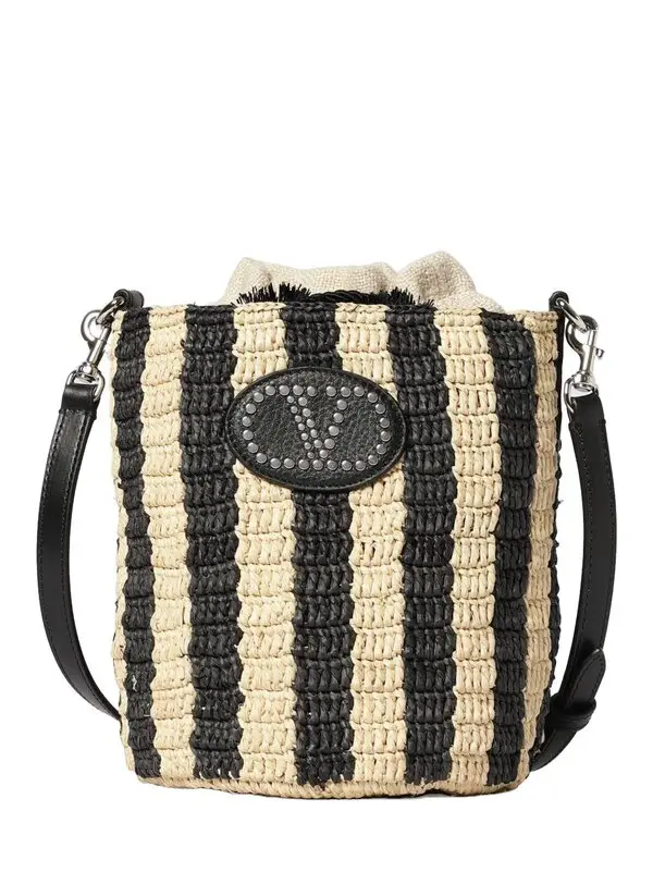 Valentino Garavani Striped Woven Bucket Bag With Studded Logo - Black