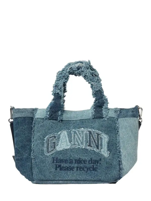 GANNI Recycled Cotton Denim Handbag With Frayed Top Handles - Blue