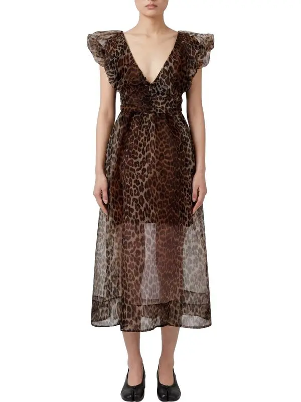 GANNI Leopard Print Ruffled V-neck Midi Dress - Multicolor