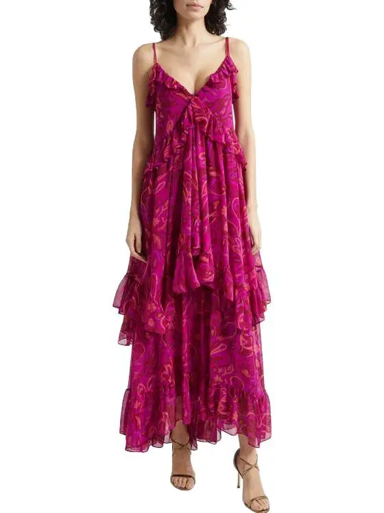Cinq À Sept Anahi Paisley Bloom Ruffle Maxi Dress - Purple Garnet Multi