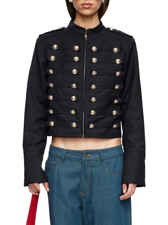 Lioness Rush Hour Crop Jacket With Band Collar And Zip-up Front - Onyx