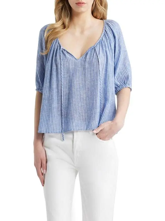 Rails Kirstie Stripe Linen Blend Split Neck Top - Barletta Stripe